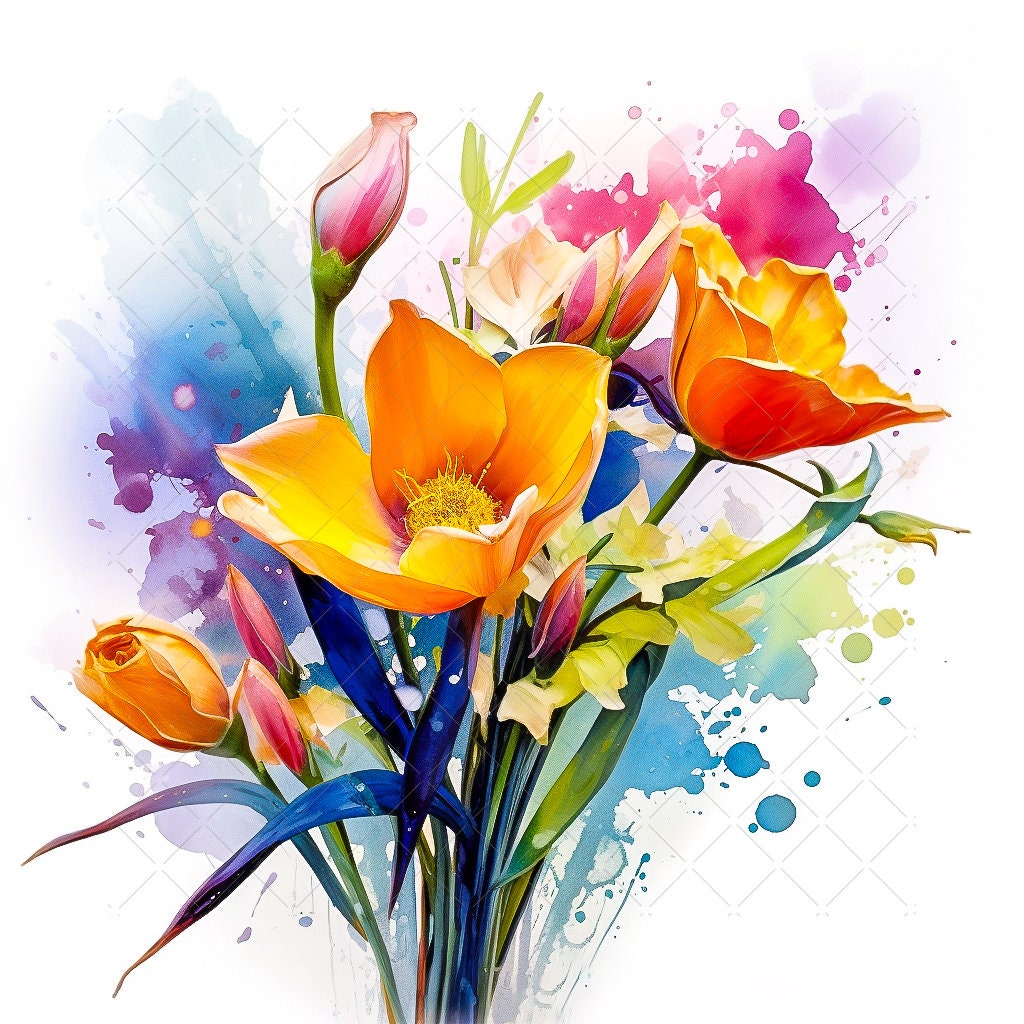 Flower Bouquet Watercolor Colorful Flowers Bundle Clipart, 10 High ...