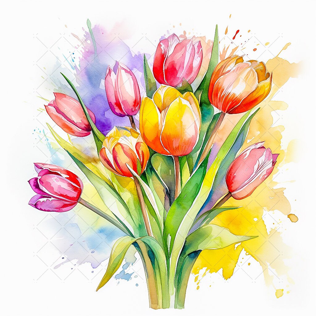 Watercolor Colorful Tulips Flowers Bundle Clipart, 10 High Quality Jpgs ...
