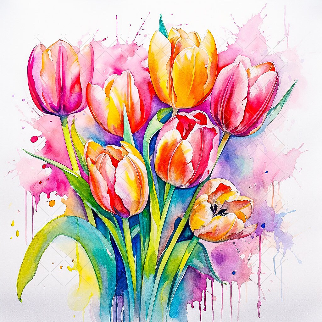 Watercolor Colorful Tulips Flowers Bundle Clipart, 10 High Quality Jpgs ...