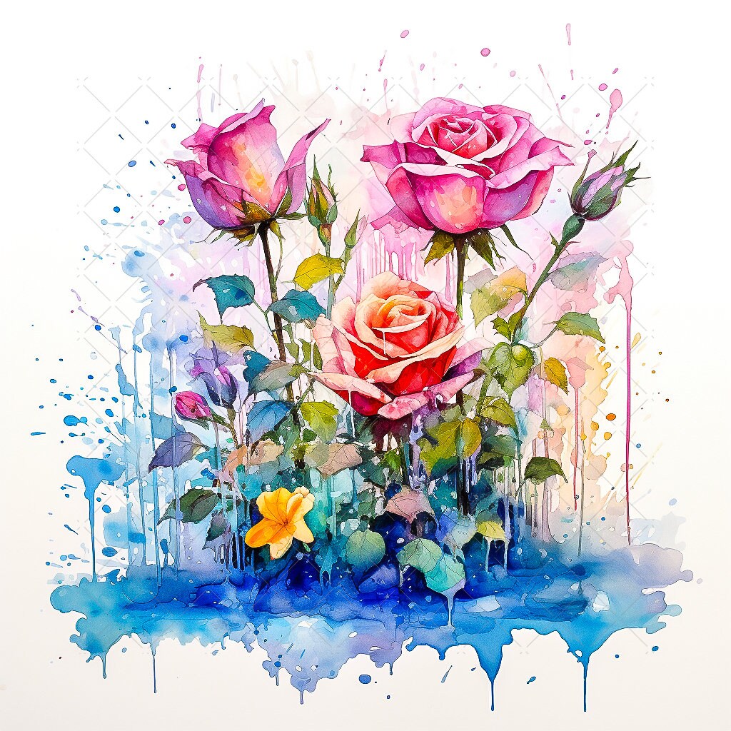 Roses Flowers Watercolor in Field Flowers Bundle Clipart, 10 High ...