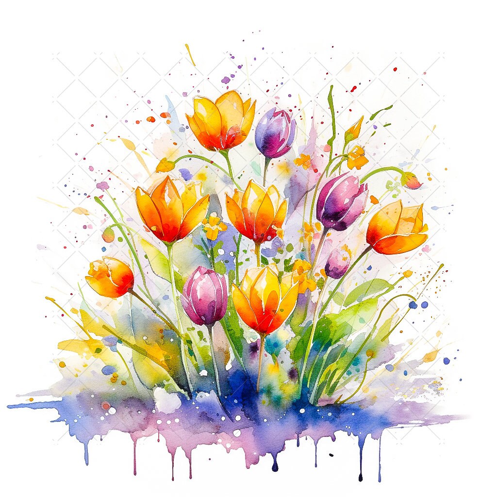 Watercolor Tulips Flowers in Flowerbed Bundle Clipart, 10 High Quality ...