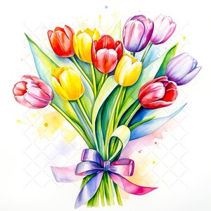Watercolor Colorful Tulips Flowers Bundle Clipart, 10 High Quality Jpgs ...