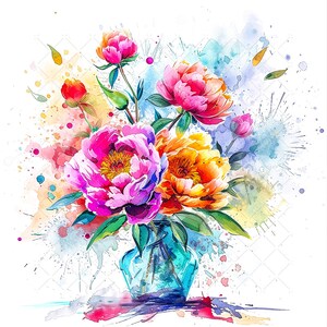 Vase of Peonies Flowers Bundle Clipart, 10 High Quality Jpgs, Colorful ...