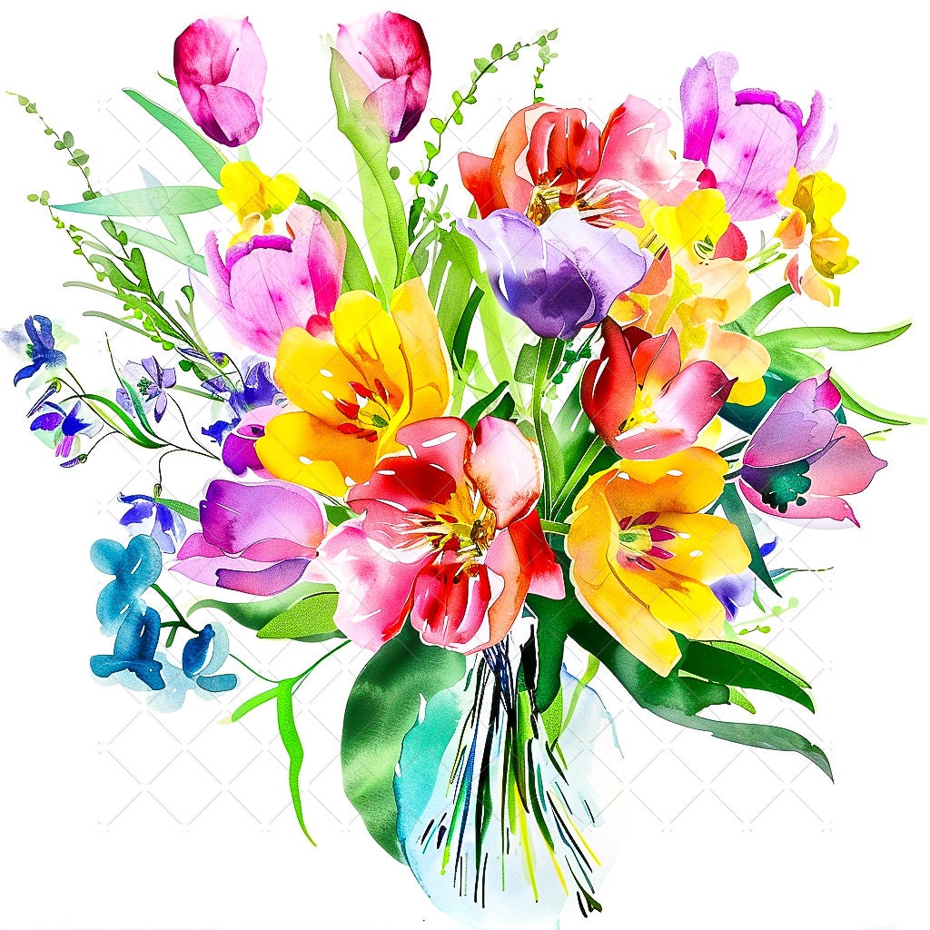 Colorful Mixed Flowers Bundle Clipart, 10 High Quality Jpgs, Watercolor ...