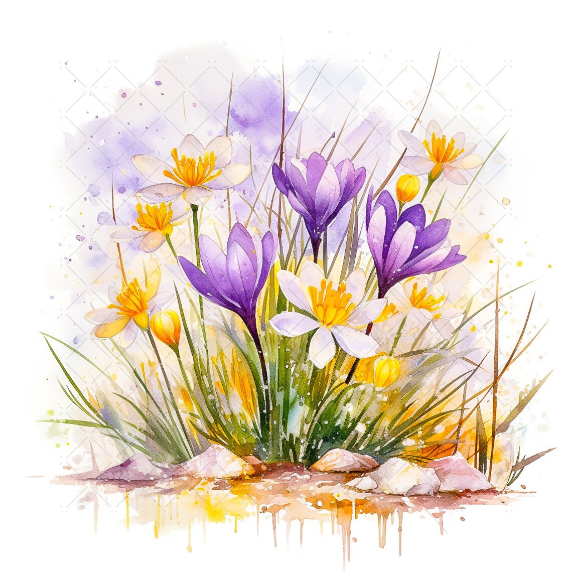 Crocus Flowers Watercolor in Flowerbed Bundle Clipart, 10 High Quality ...