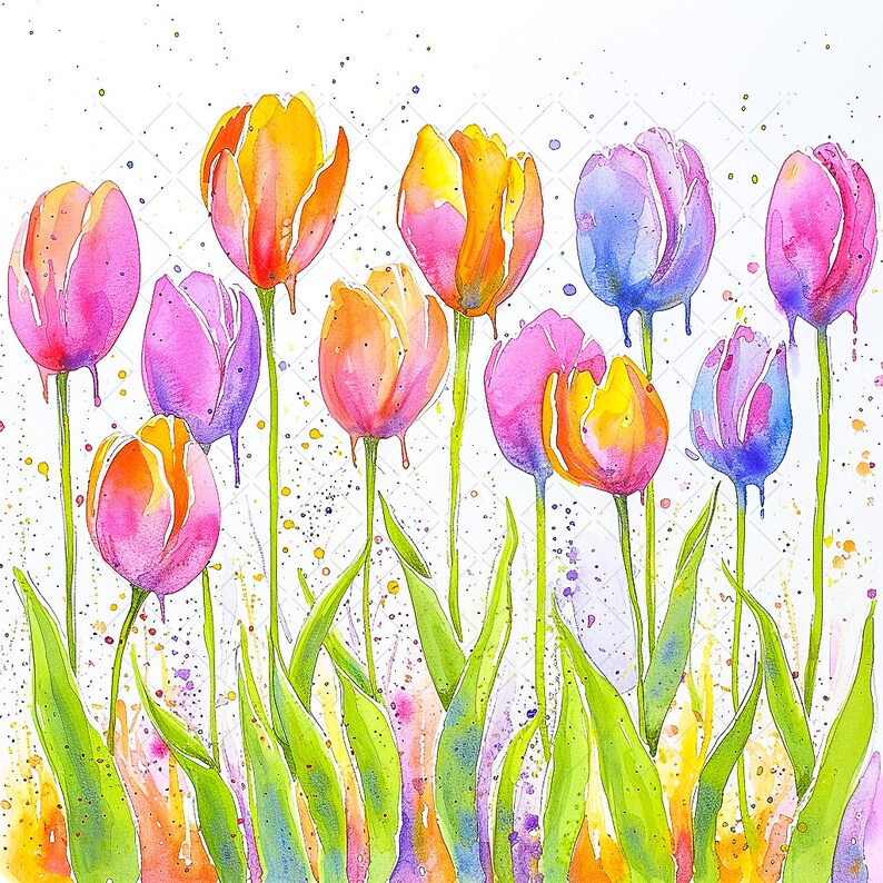 Watercolor Colorful Tulips Flowers in Field Bundle Clipart, 10 High ...