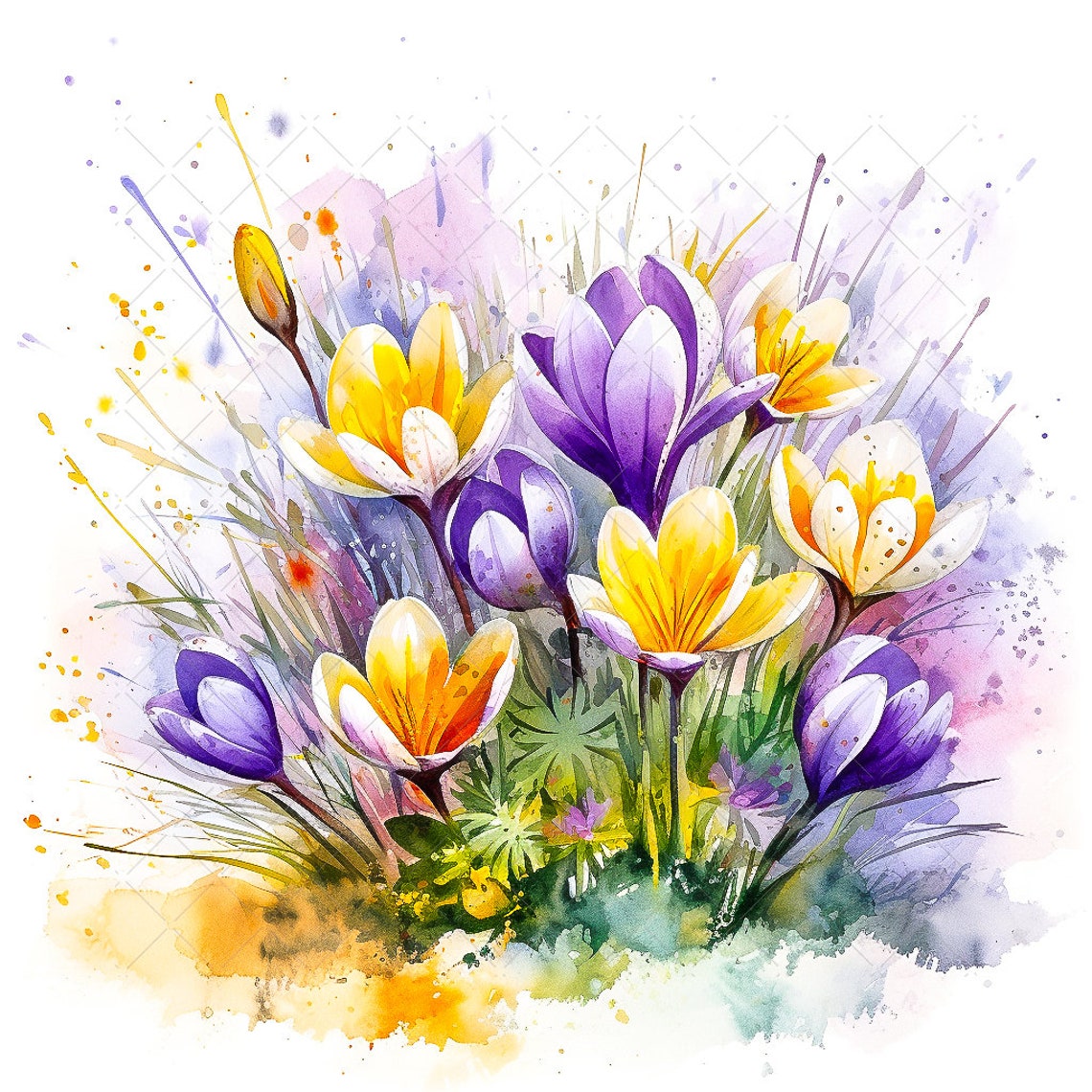 Crocus Flowers Watercolor in Flowerbed Bundle Clipart, 10 High Quality ...