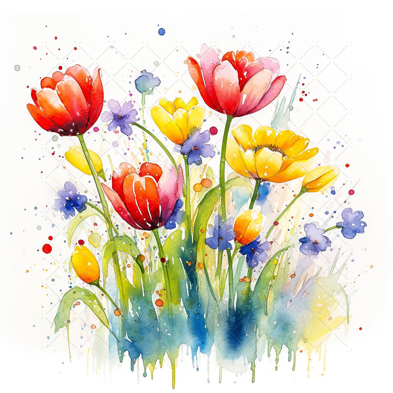 Watercolor Tulips Flowers in Flowerbed Bundle Clipart, 10 High Quality ...