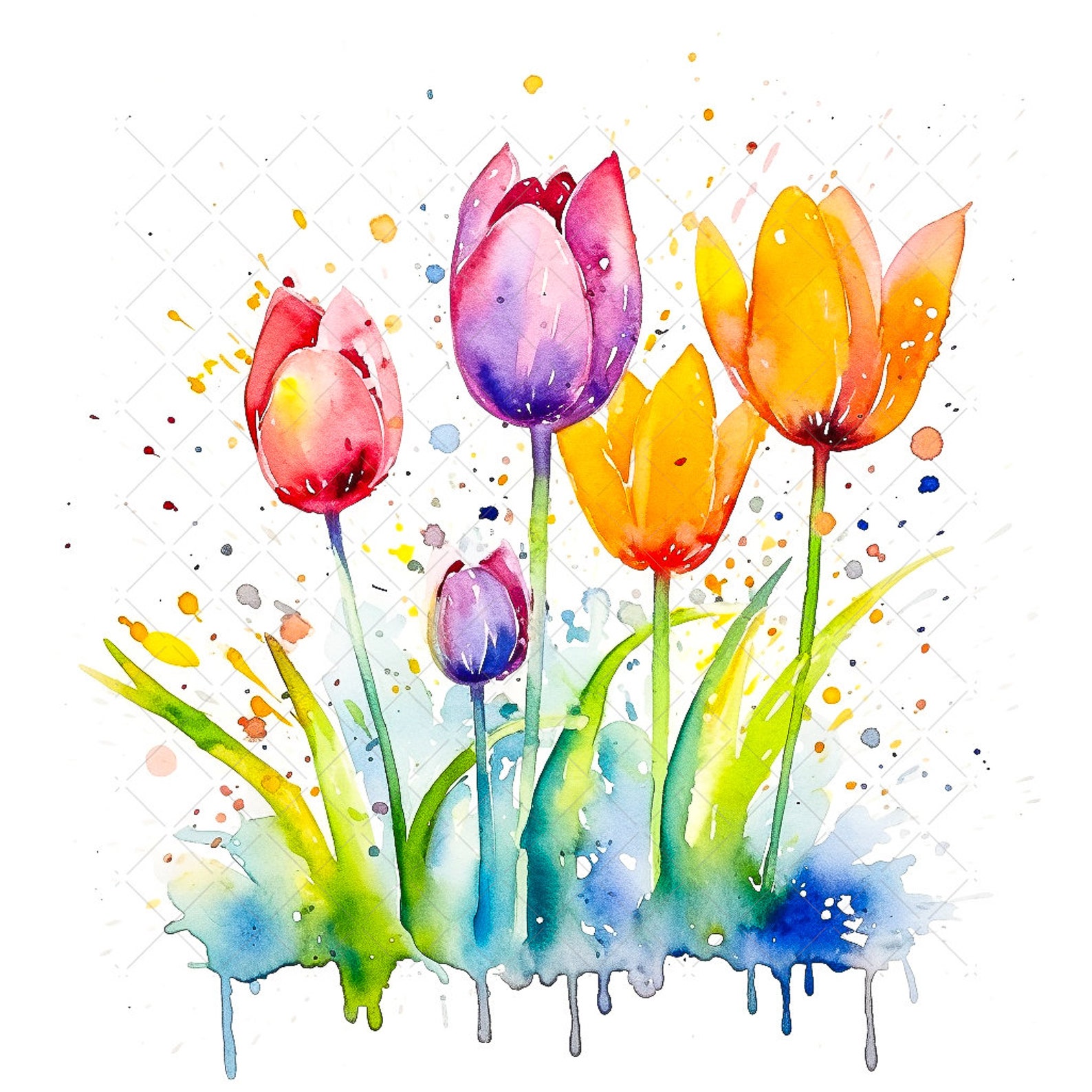 Watercolor Colorful Tulips Flowers in Field Bundle Clipart, 10 High ...
