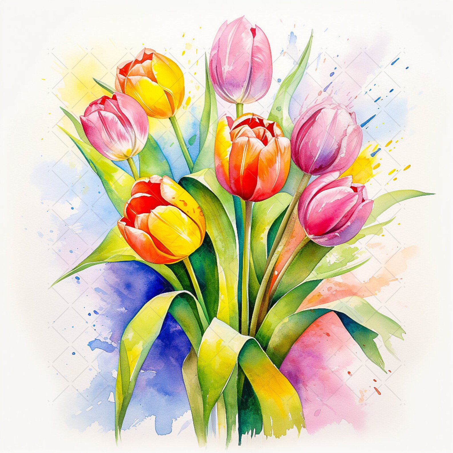 Watercolor Colorful Tulips Flowers Bundle Clipart, 10 High Quality Jpgs ...