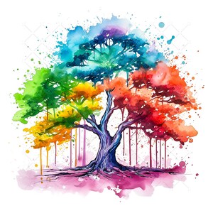 Trees Watercolor Vibrant Bundle Clipart, 10 High Quality Jpgs, Colorful ...