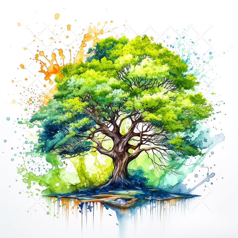 Tree Watercolor Vibrant Bundle Clipart, 10 High Quality Jpgs, Colorful ...