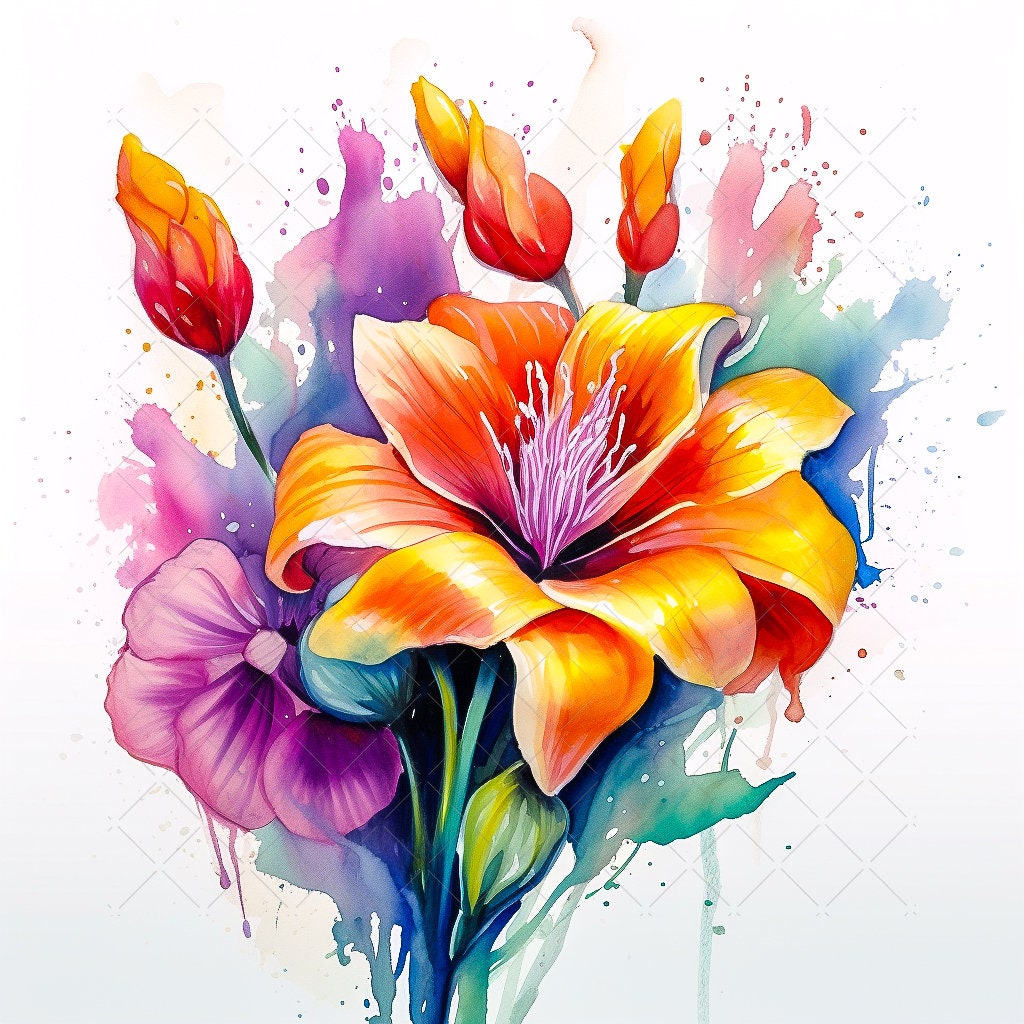 Vibrant Watercolor Flower Bouquet Bundle Clipart, 10 High Quality Jpgs ...