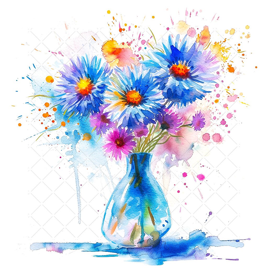 Blue Aster Flowers in Vase Bundle Clipart, 10 High Quality Jpgs ...