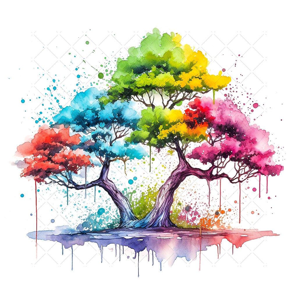 Trees Watercolor Vibrant Bundle Clipart, 10 High Quality Jpgs, Colorful ...