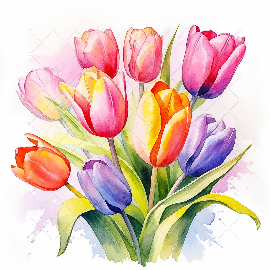 Bouquet Watercolor Colorful Tulips Flowers Bundle Clipart, 10 High ...