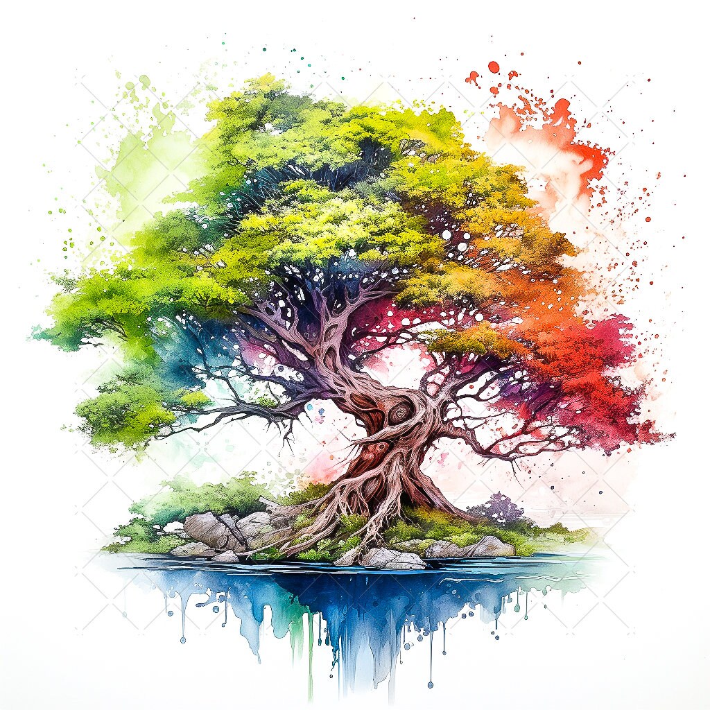 Tree Watercolor Vibrant Bundle Clipart, 10 High Quality Jpgs, Colorful ...