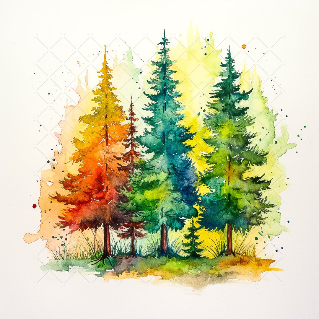 Pine Trees Watercolor Bundle Clipart, 10 High Quality Jpgs, Colorful ...