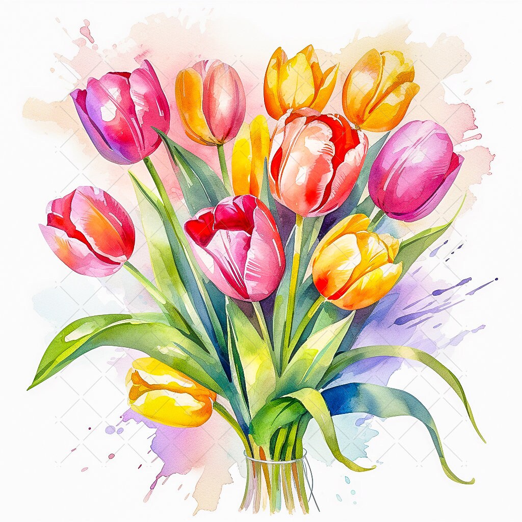 Watercolor Colorful Tulips Flowers Bundle Clipart, 10 High Quality Jpgs ...
