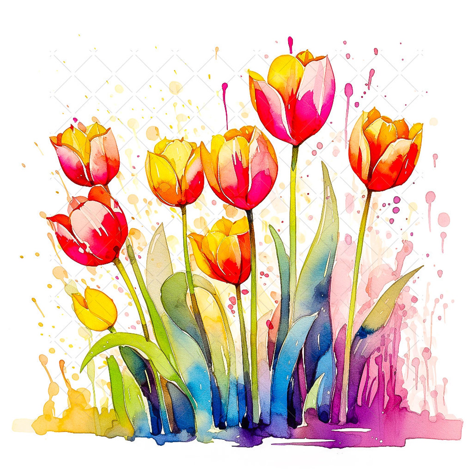 Watercolor Colorful Tulips Flowers in Field Bundle Clipart, 10 High ...