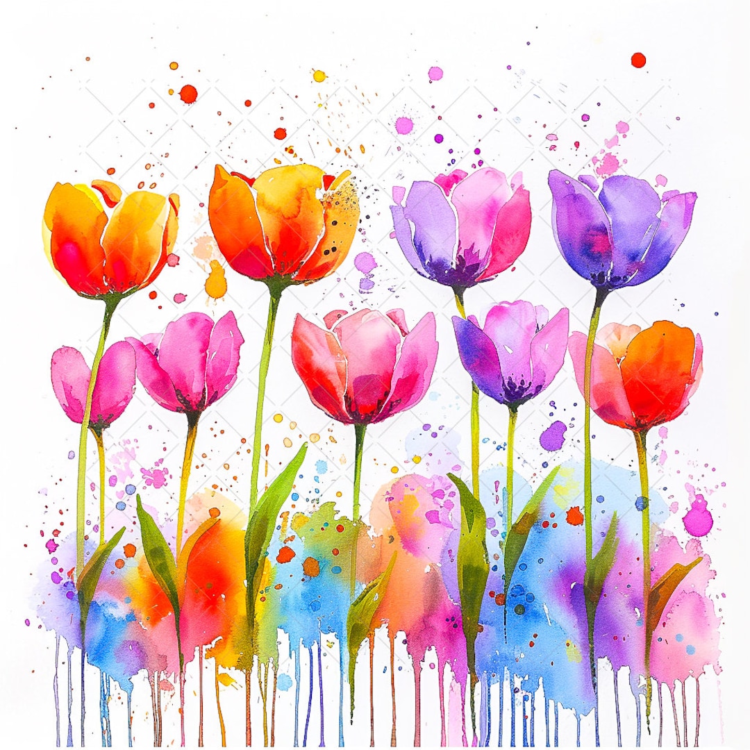 Watercolor Colorful Tulips Flowers in Field Bundle Clipart, 10 High ...