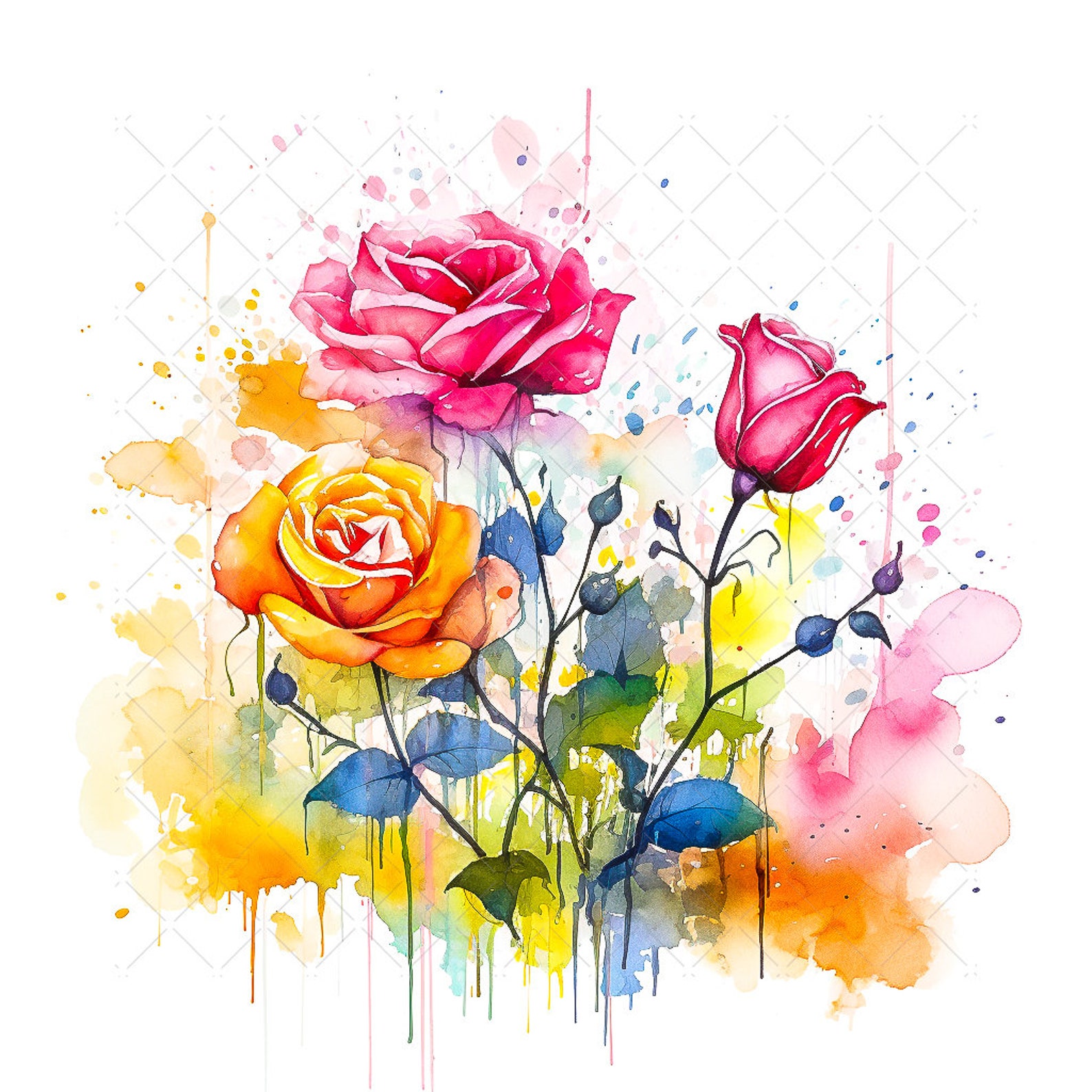 Roses Flowers Watercolor in Field Flowers Bundle Clipart, 10 High ...