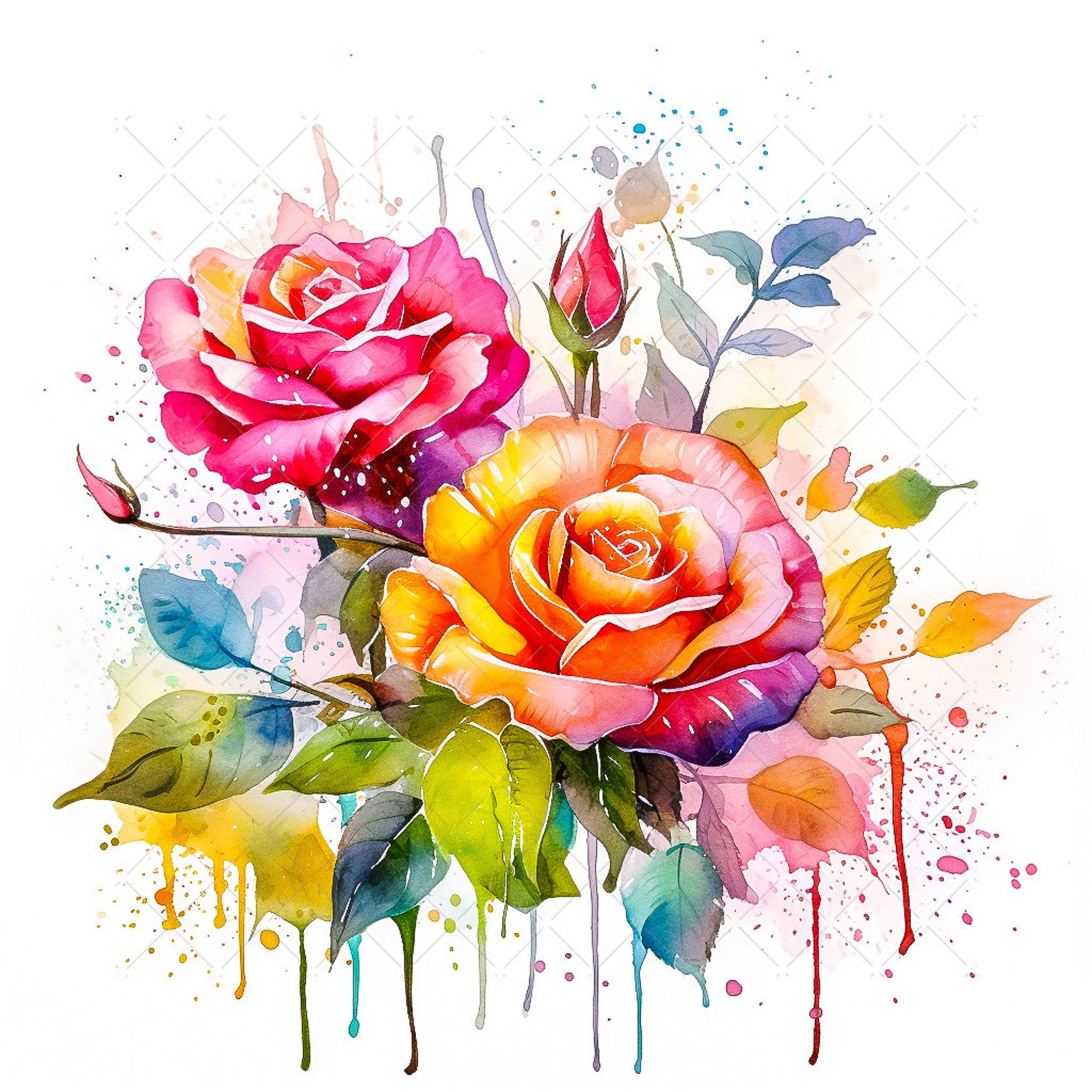 Roses Flowers Watercolor in Field Flowers Bundle Clipart, 10 High ...