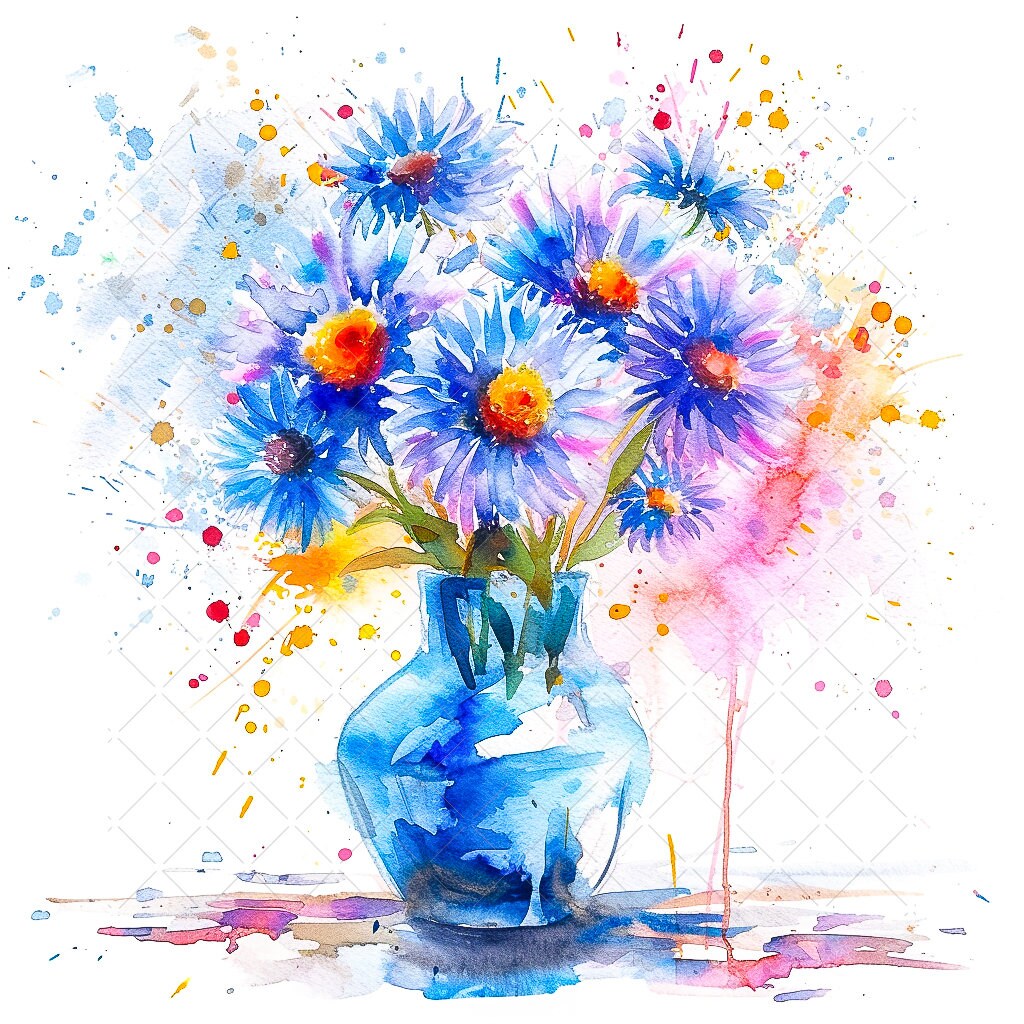 Blue Aster Flowers in Vase Bundle Clipart, 10 High Quality Jpgs ...