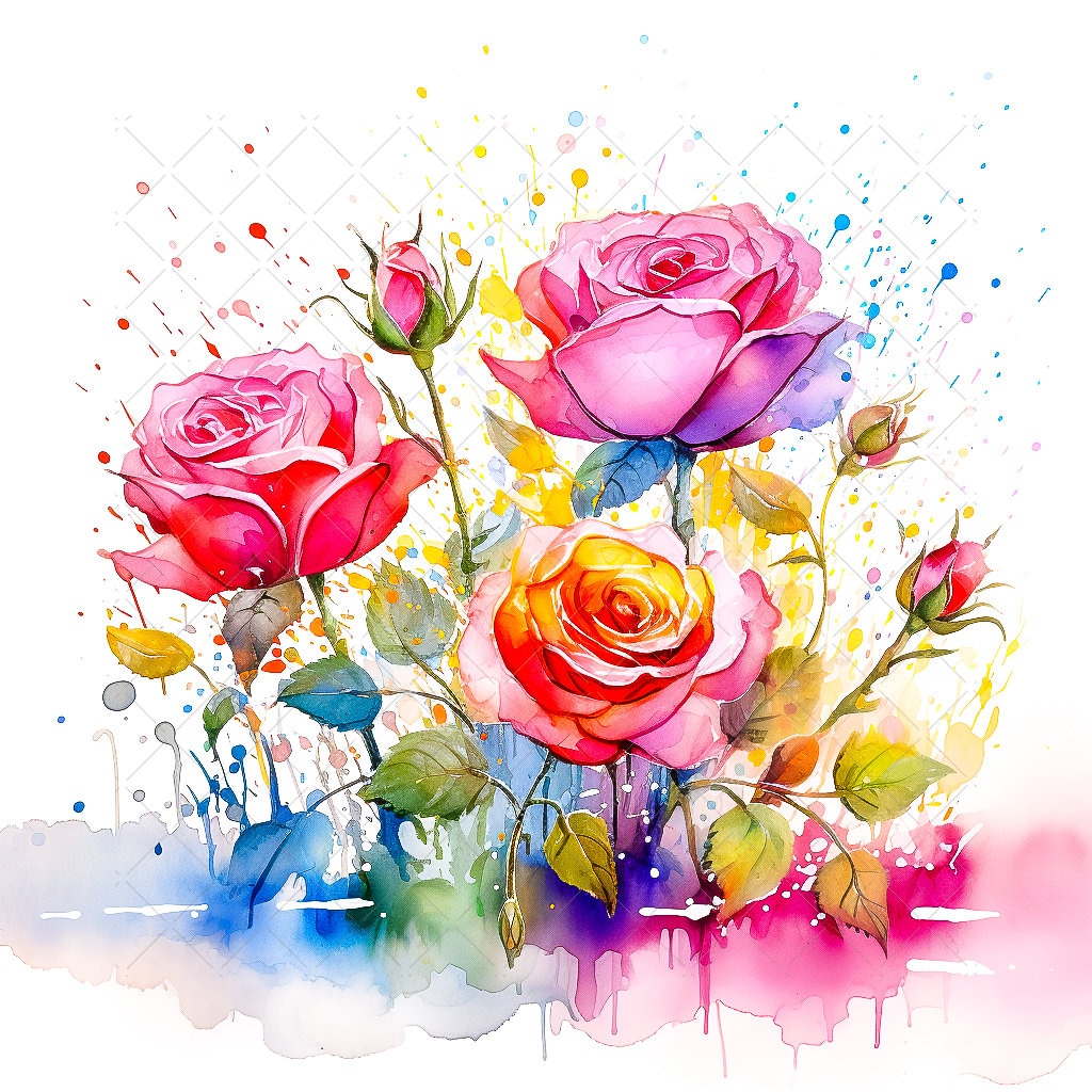 Roses Flowers Watercolor in Field Flowers Bundle Clipart, 10 High ...