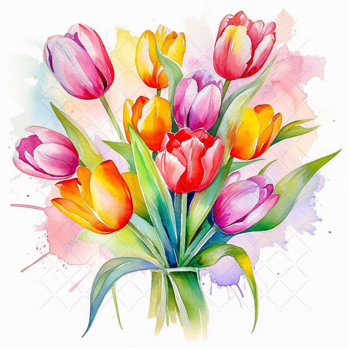 Watercolor Colorful Tulips Flowers Bundle Clipart, 10 High Quality Jpgs ...