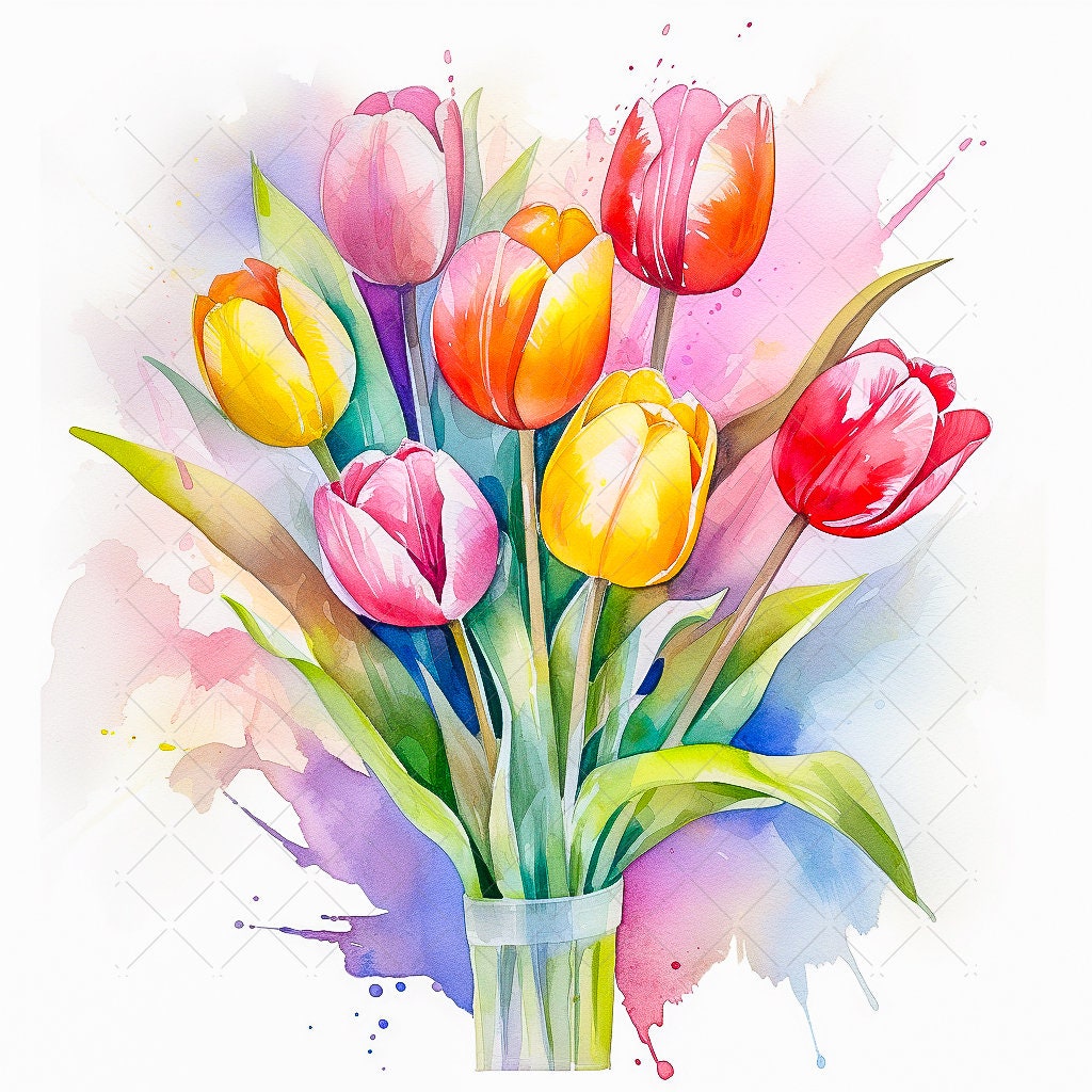 Watercolor Colorful Tulips Flowers Bundle Clipart, 10 High Quality Jpgs ...