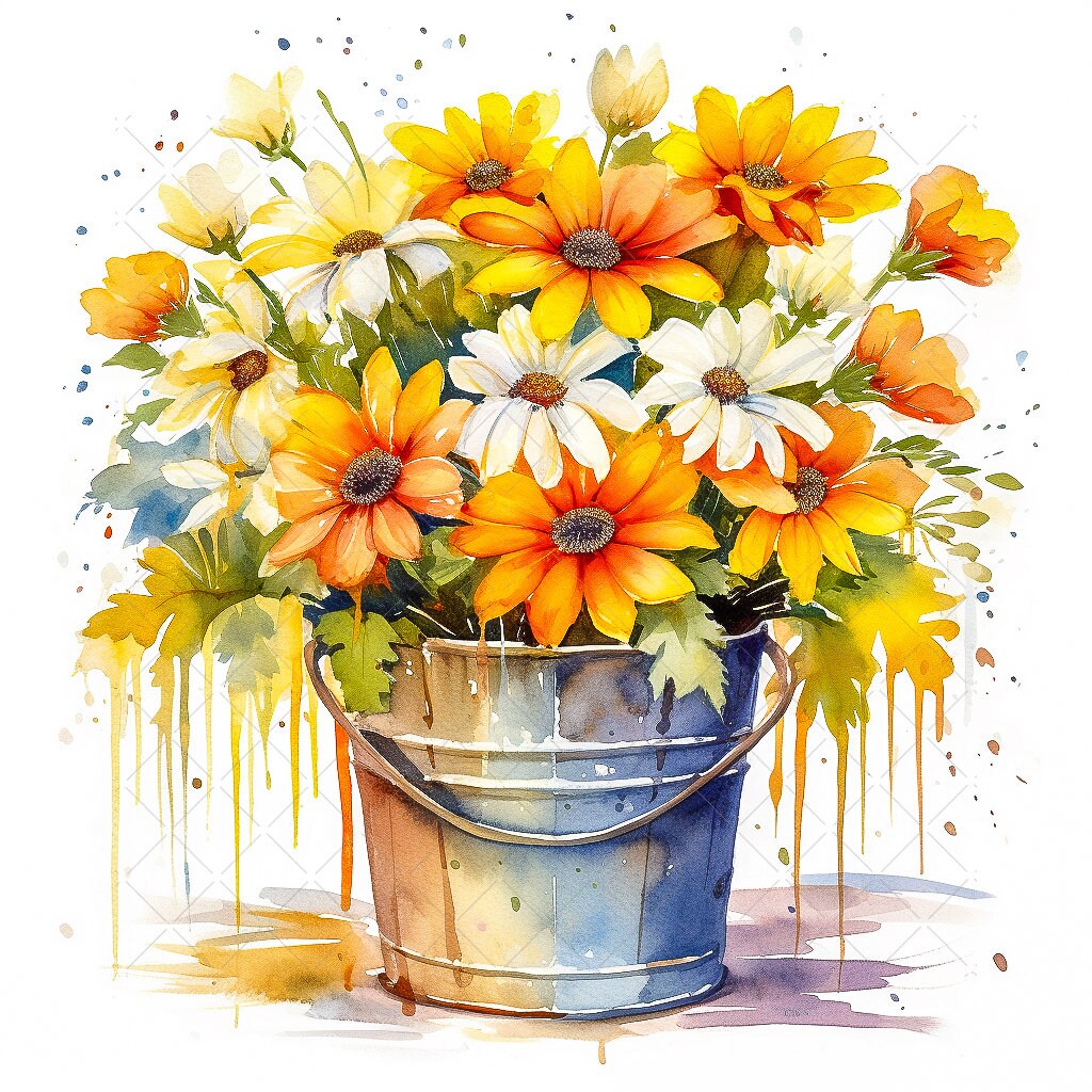 Daisies Flowers in Metal Bucket Bundle Clipart, 10 High Quality Jpgs ...