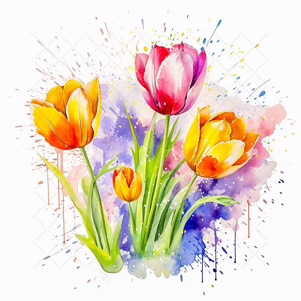 Watercolor Colorful Tulips Flowers in Field Bundle Clipart, 10 High ...