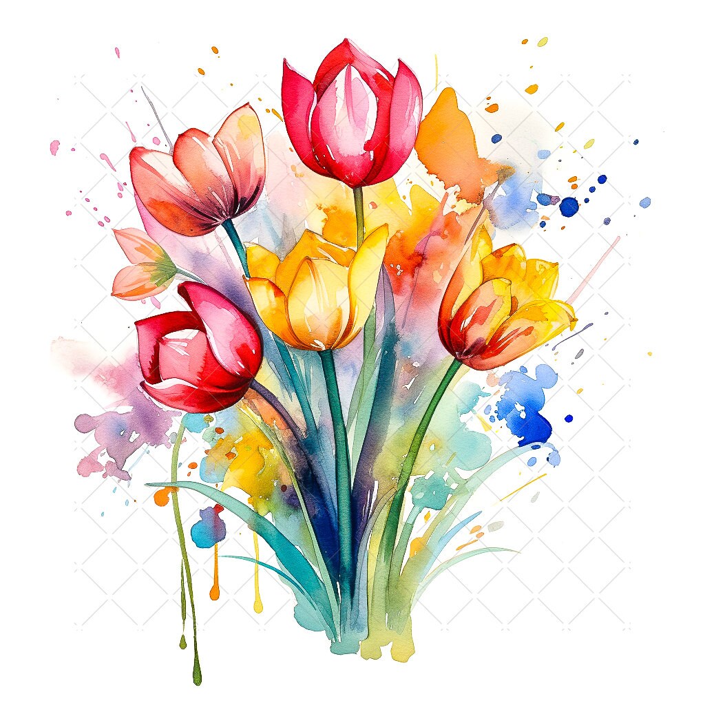 Watercolor Colorful Tulips Flowers Bundle Clipart, 10 High Quality Jpgs ...