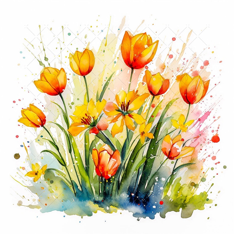Watercolor Tulips Flowers in Flowerbed Bundle Clipart, 10 High Quality ...