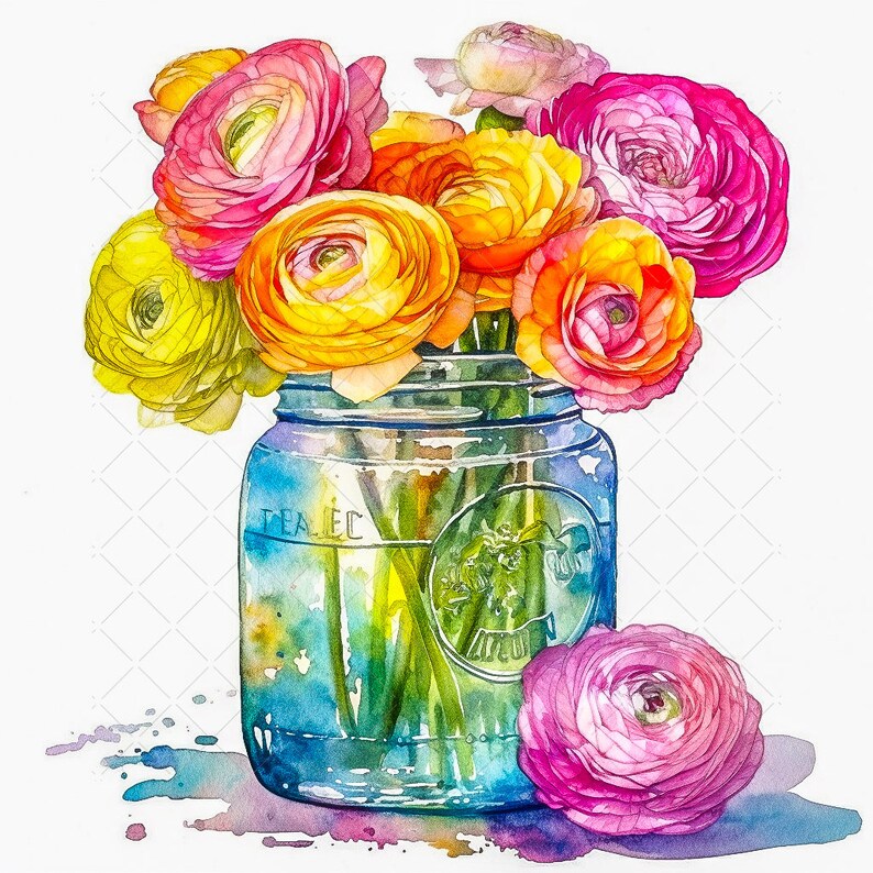 Watercolor Ranunculus in Jar Flowers Bundle Clipart, 10 High Quality ...