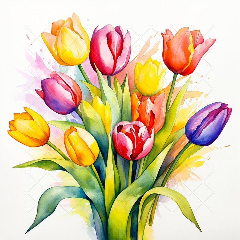 Watercolor Colorful Tulips Flowers Bundle Clipart, 10 High Quality Jpgs ...
