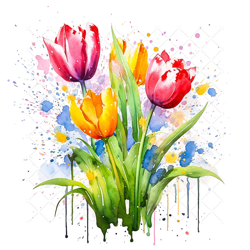 Watercolor Colorful Tulips Flowers in Field Bundle Clipart, 10 High ...