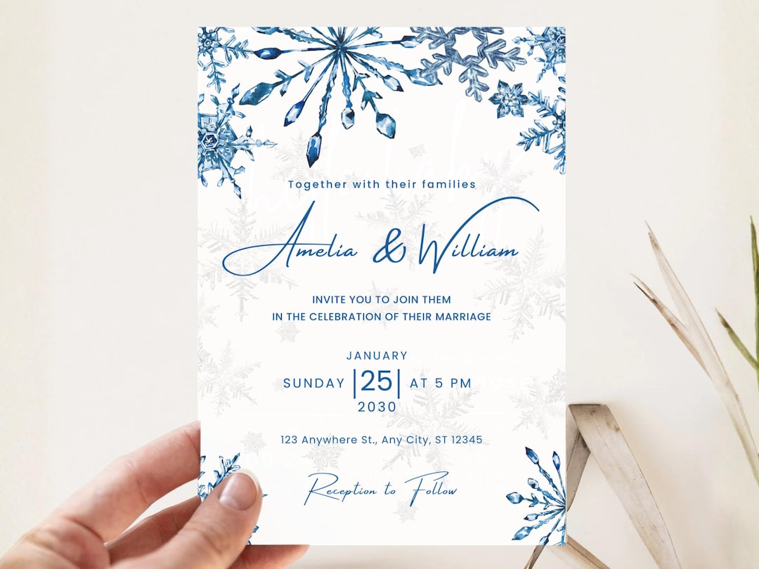 Blue Snowflake Winter Wedding Invitation, Editable Canva Template ...