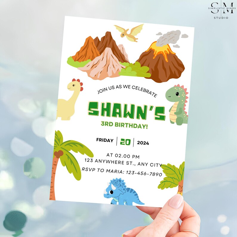 Dinosaur Birthday Party Invitation | Green & Orange Canva Template ...