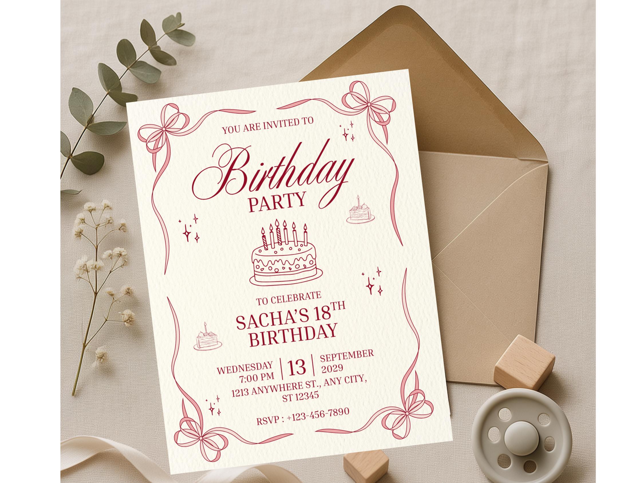 Elegant Birthday Invitation Template, Cake Illustration (digital ...