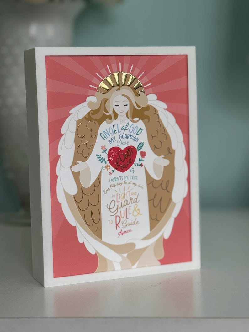 Angel of God Prayer Card, Pink Guardian Angel Illustration - Etsy