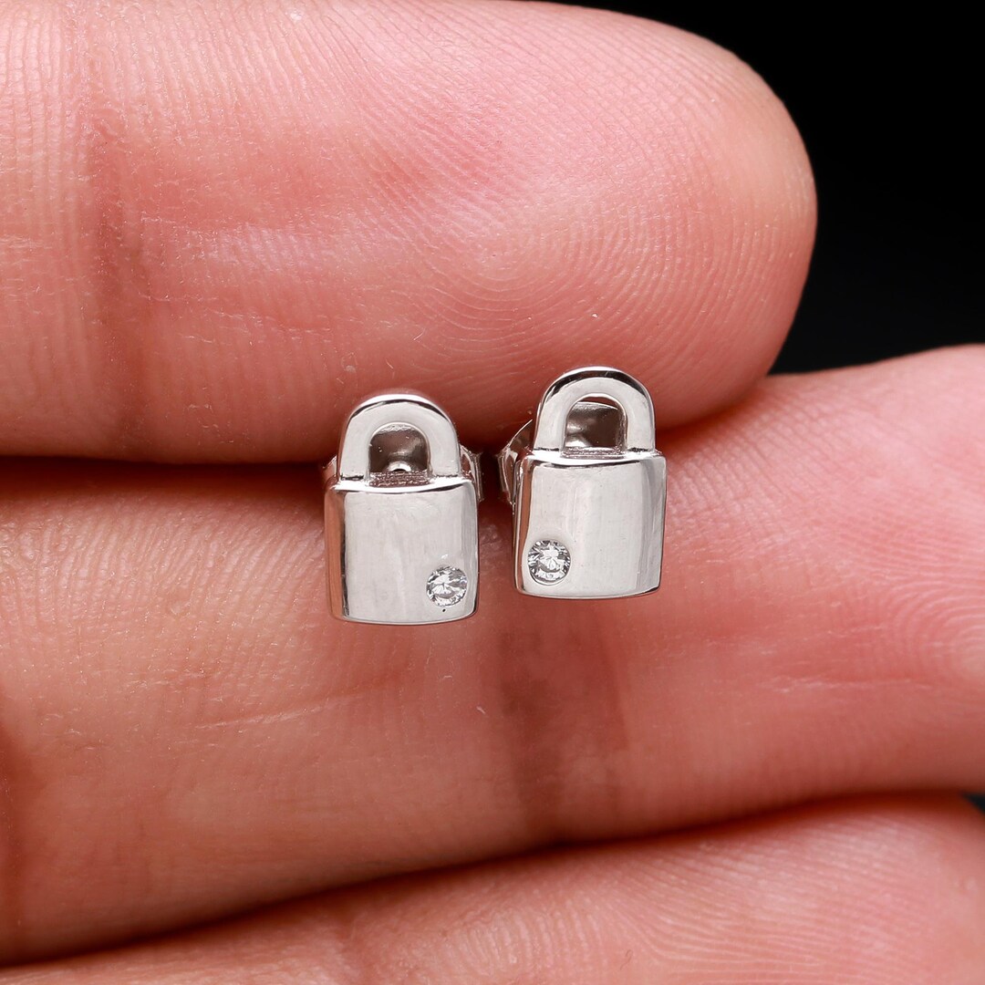 Silver Small Lock Stud Earring, Tiny Padlock Earrings, Small Stud ...