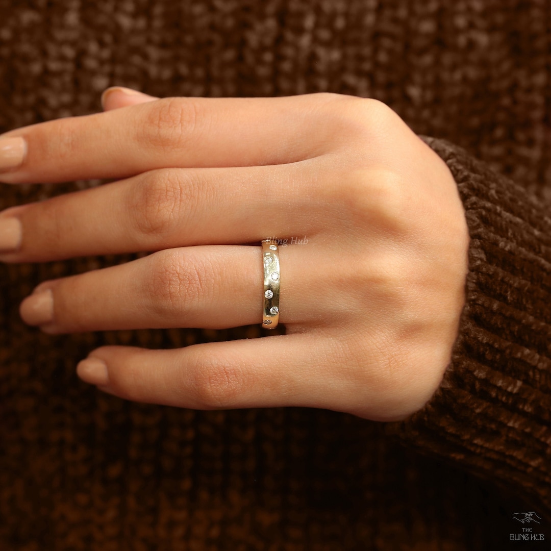 Flush Set Diamond Band 14K Gold Flush Set Wedding Band Round Cut Lab ...