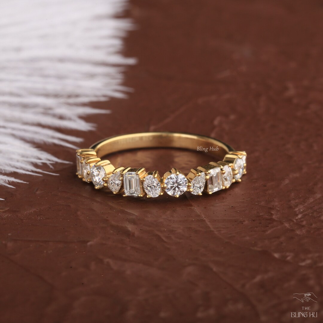 Multi Shape Diamond Band 14K Gold Moissanite Wedding Band Oval and Pear ...