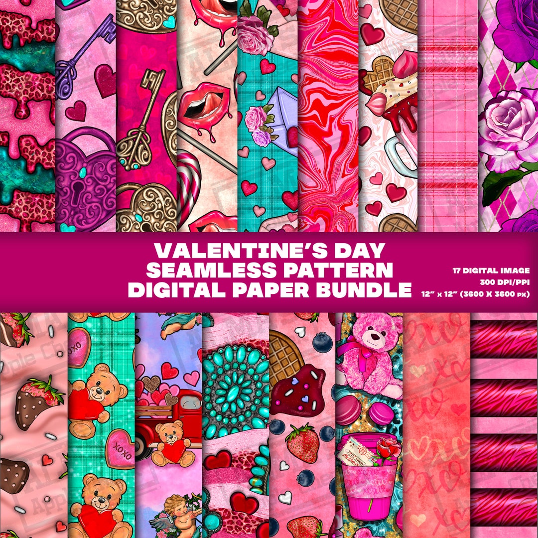 17 Digital Paper, Valentine's Day Seamless Pattern Digital Paper Bundle ...