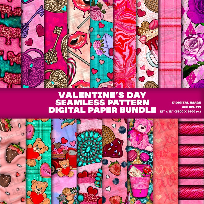 17 Digital Paper, Valentine's Day Seamless Pattern Digital Paper Bundle ...