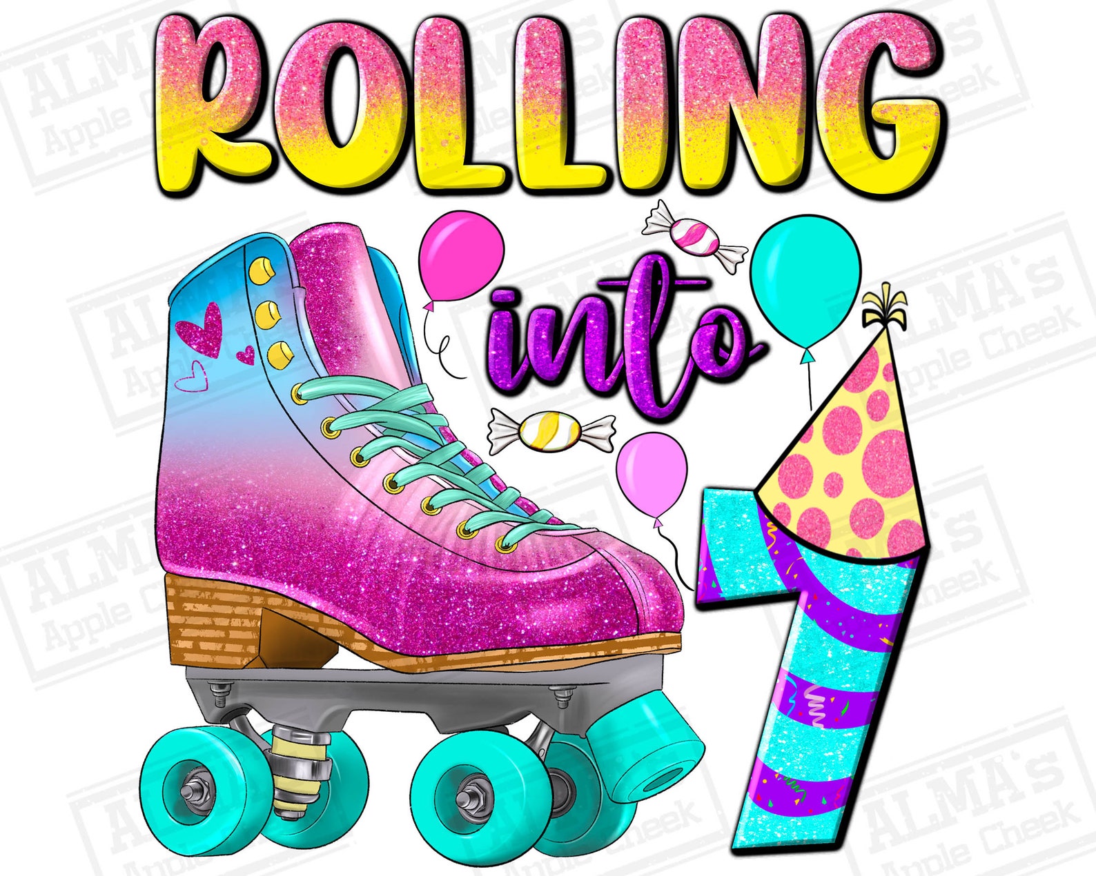 Rolling Into 7 Png Sublimation Design Download, 7th Birthday Png, Skate ...