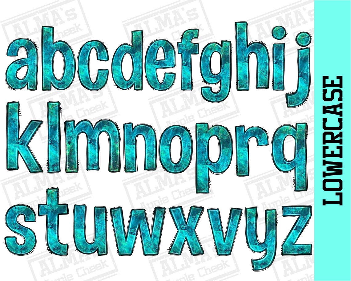 Turquoise Alphabet Thumbnail Png Files Bundle, Turquoise Doodle Letters ...