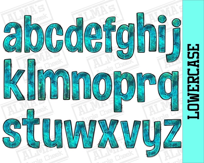 Turquoise Alphabet Thumbnail Png Files Bundle, Turquoise Doodle Letters ...